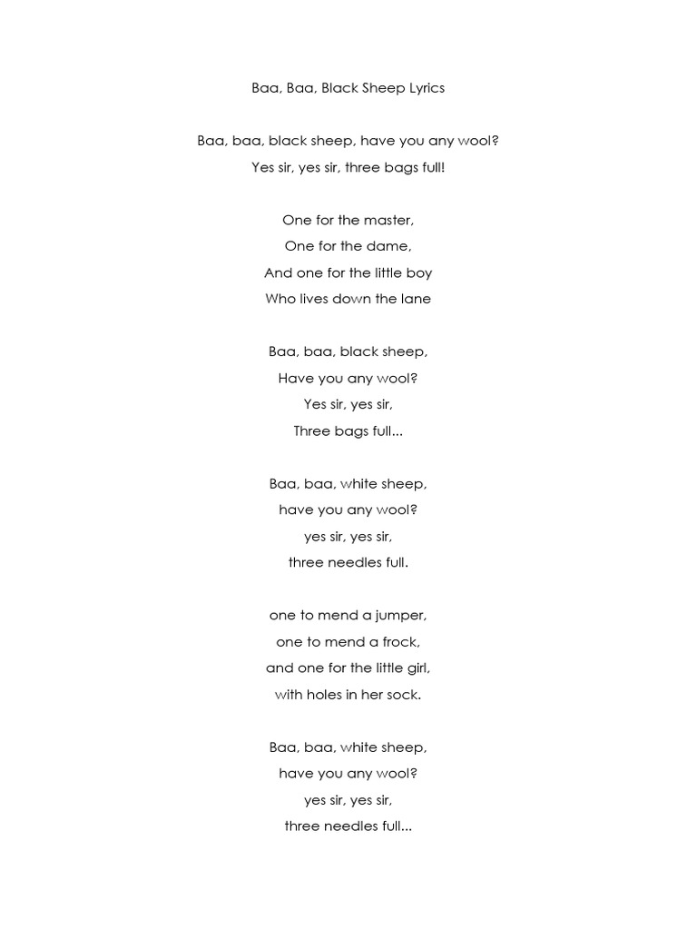 Baa Baa Black Sheep Lyrics | PDF