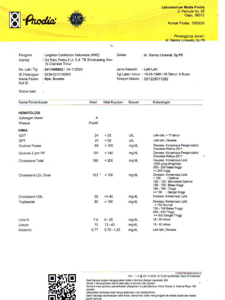 Hasil Lab - Sunoto | PDF