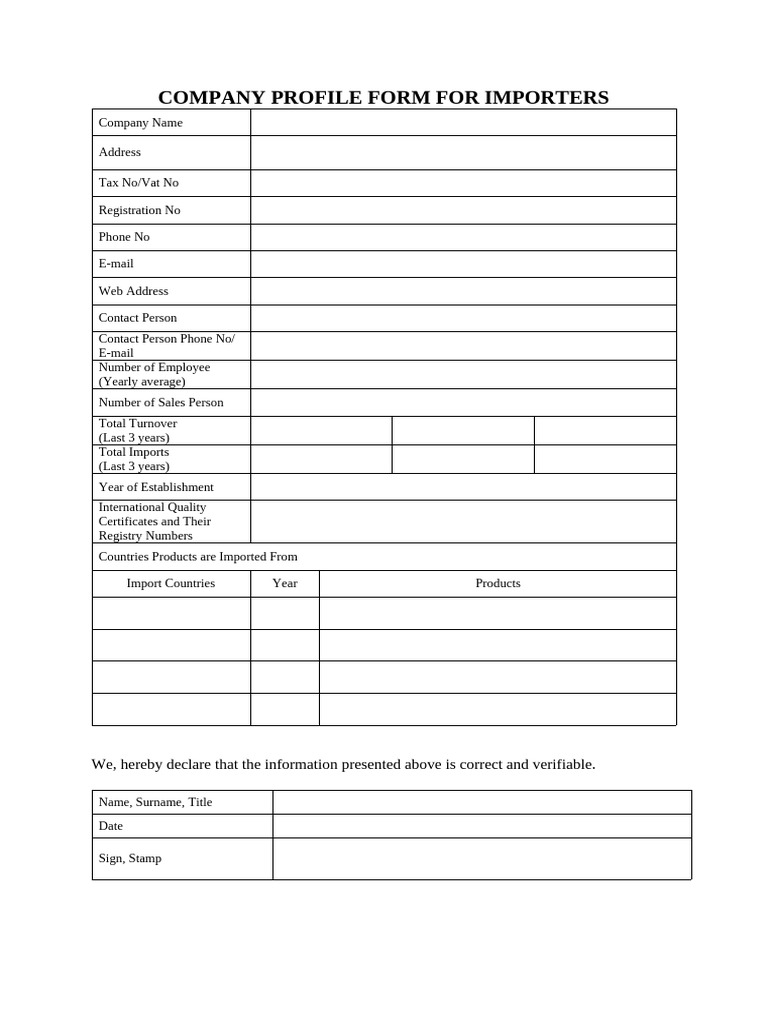 Company Profile Form for Importers | PDF