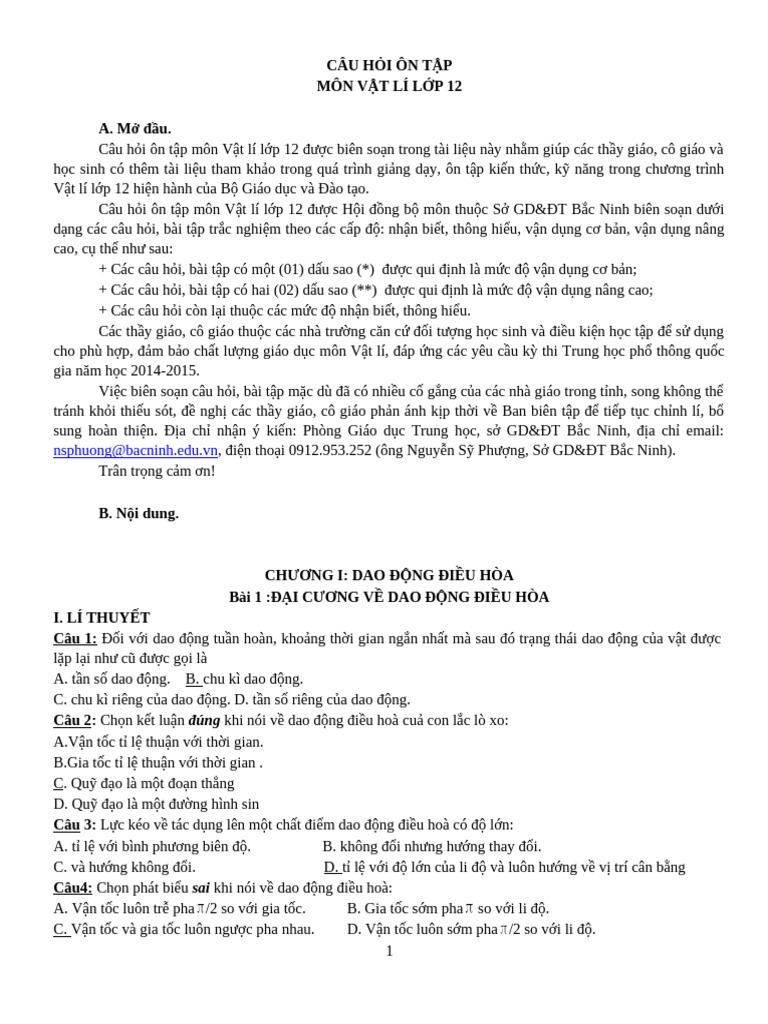 b832cfb894cb25639cbaea3cffb7101dCau Hoi on Tap Mon Vat Li Phan 1 | PDF