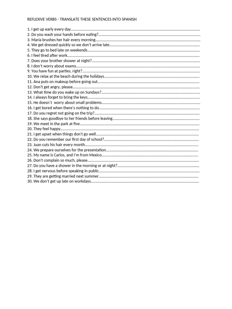 Reflexive verbs translation exercise | PDF