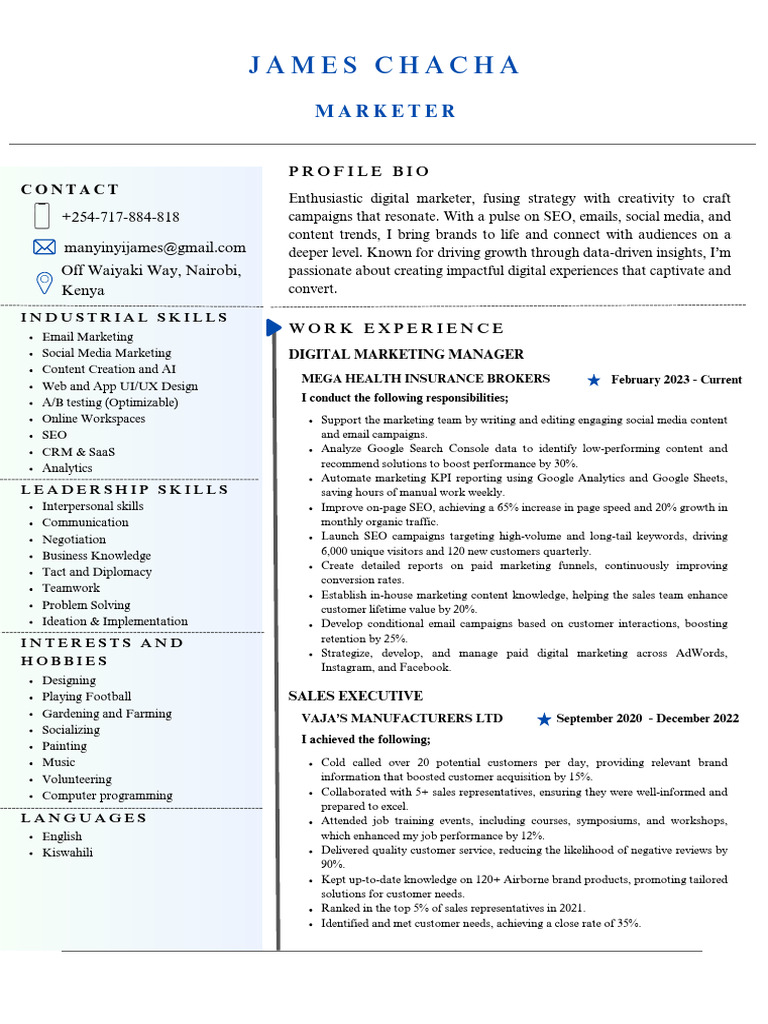 James Chacha Resume | PDF | Marketing | Market (Economics)