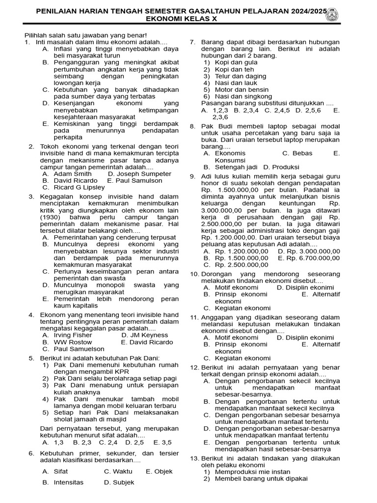 Soal PHTS EKONOMI Kelas 10 | PDF