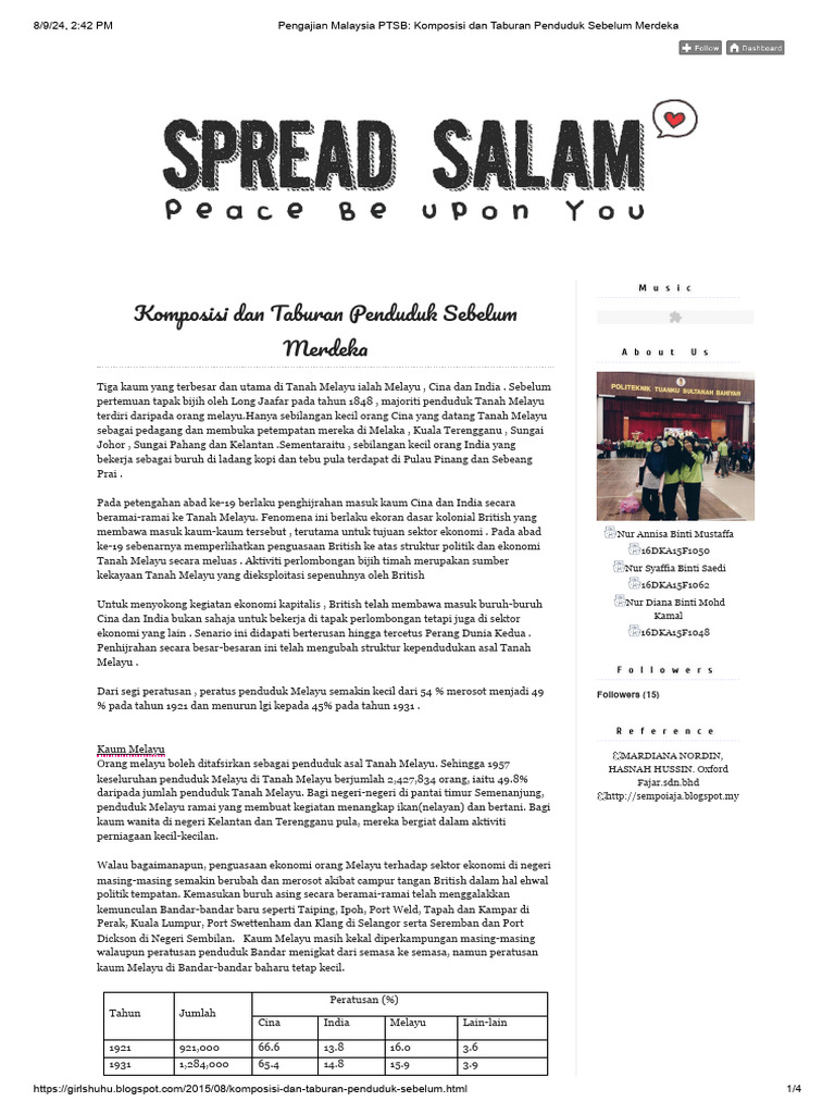 Pengajian Malaysia PTSB - Komposisi Dan Taburan Penduduk Sebelum Merdeka | PDF