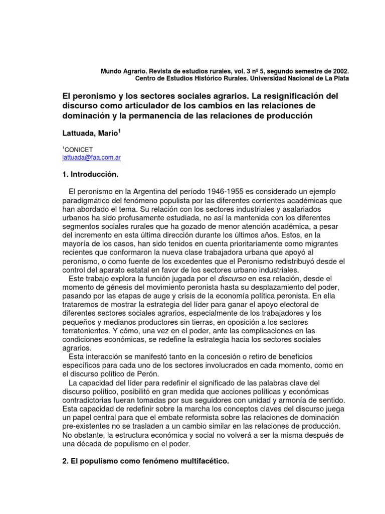 El Peronismo y Los Sectores Sociales Agrarios. (Mario Lattuada) | PDF ...
