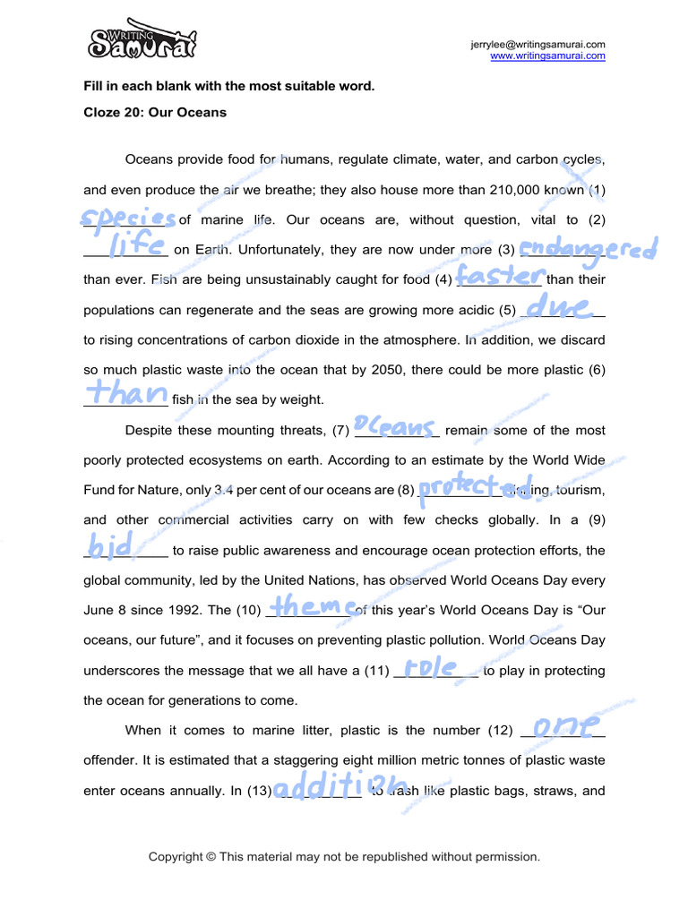 Cloze 20 Our Oceans Answers Edited | PDF | Oceans | Earth Sciences