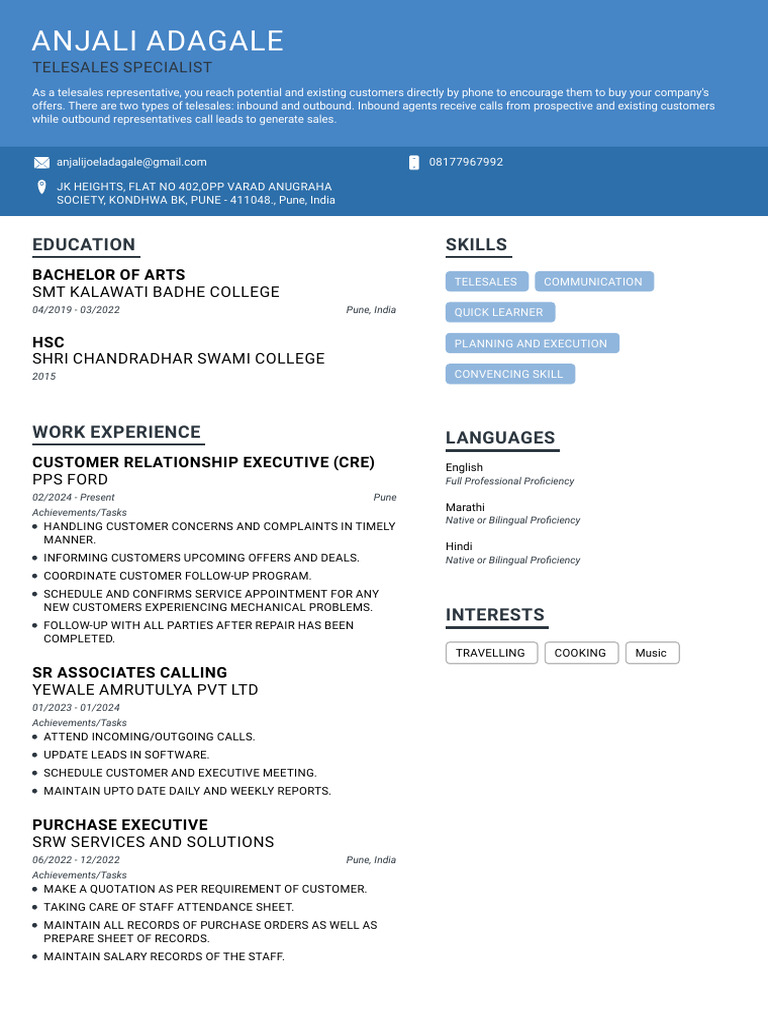 Anjali adagale_Resume | PDF | Service Industries | Promotion And ...