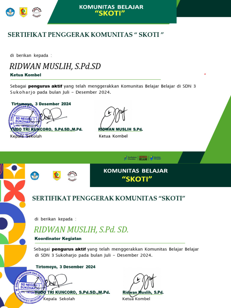 Sertifikat Penggerak Kombel SKOTI | PDF