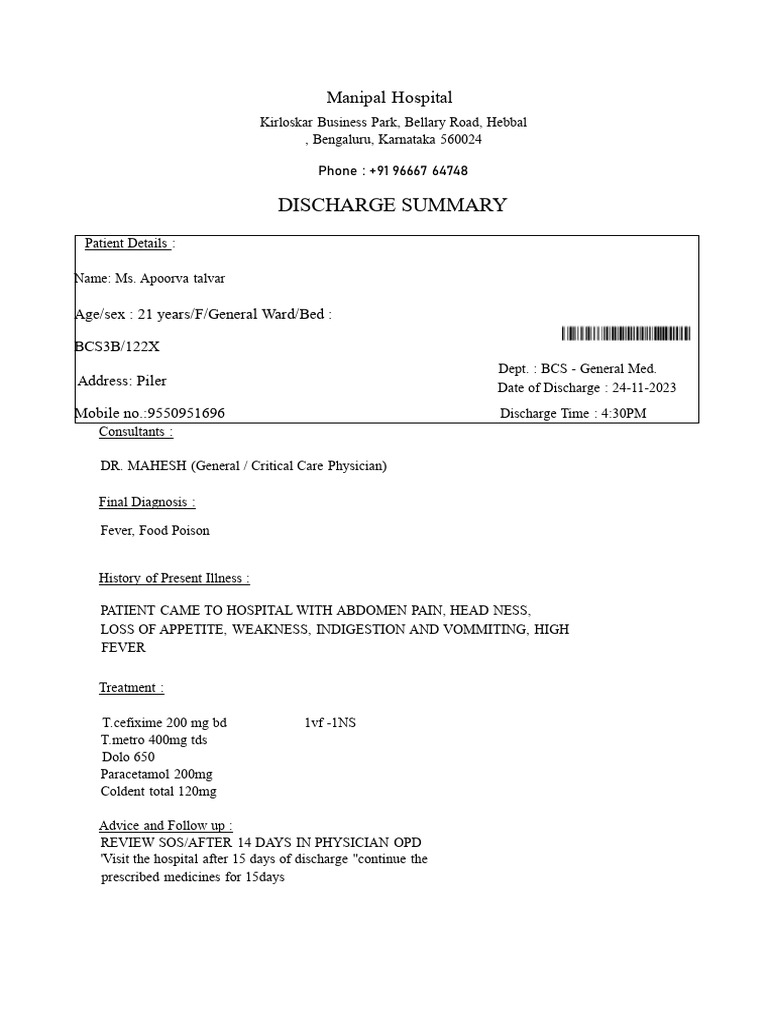 Manipal Hospital Discharge Summary | PDF