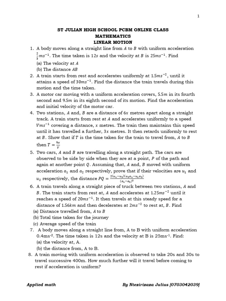 Linear Motion Problems and Solutions | PDF | Acceleration | Quantity
