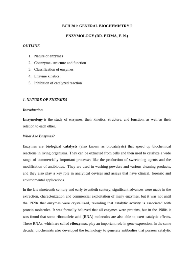 BCH 201-Enzymology Dr. Ezima E. N - 1 | PDF | Enzyme Inhibitor | Cofactor (Biochemistry)