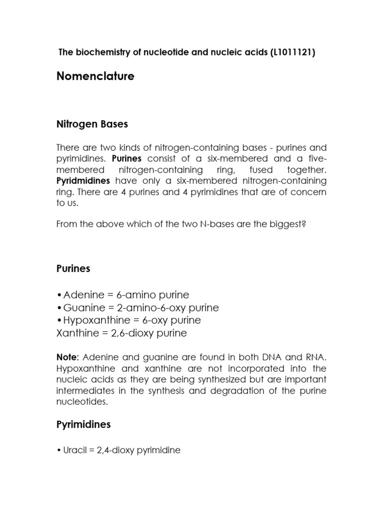 Biochemistry of Nucleic Acid L1-1 | PDF | Nucleotides | Biochemistry