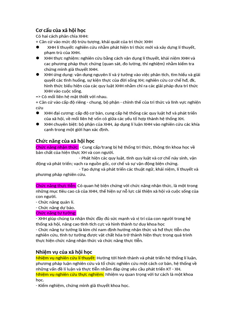 Cơ cấu, chức năng và nhiệm vụ của XHH (chương 1) | PDF