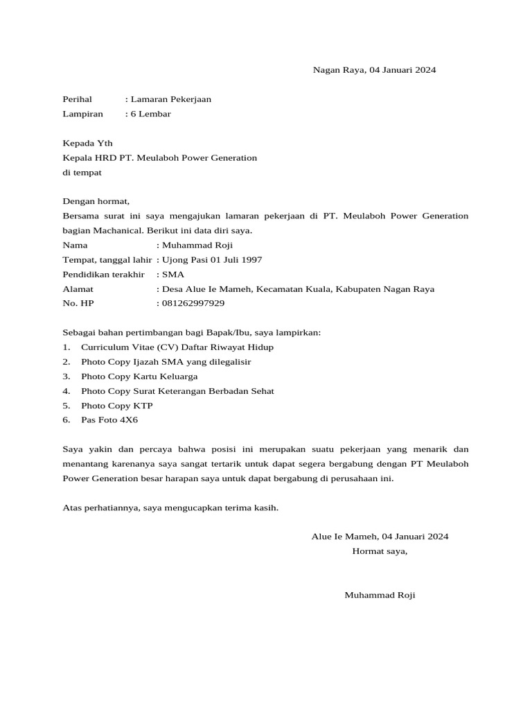 Surat Lamaran Dan CV Pltu | PDF