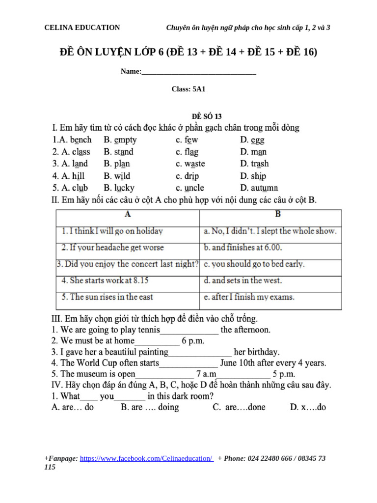 5A1 - Đề ôn luyện lớp 6 (Đề 13 + Đề 14 + Đề 15 + Đề 16) | PDF