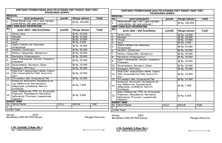 Kwitansi Pembayaran Jasa Pelayanan Unit Rawat Inap Baru | PDF