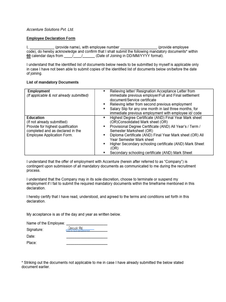 Declaration - Mandatory Documents Submission | PDF