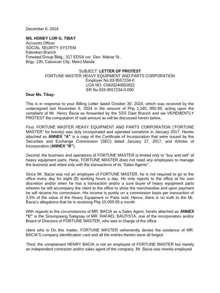 Protest Against SSS Billing for Contractor | PDF | Business | Economies