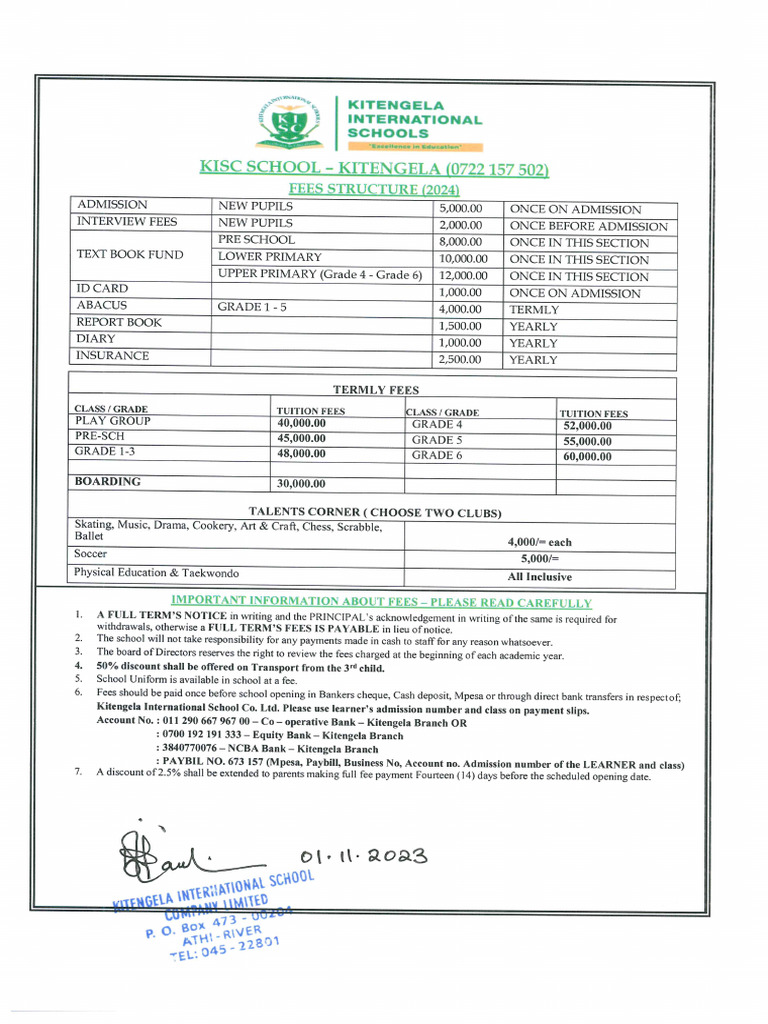 KISC Kitengela Fee Structure 2024 | PDF