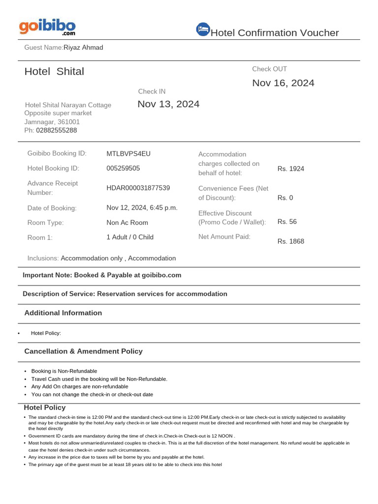 Goibibo Hotel Bill | PDF | Fee | Identity Document