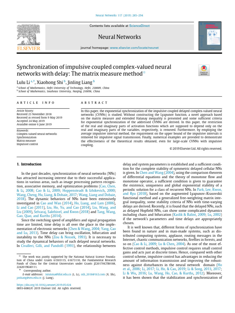 Synchronization of Impulsive Coupled Complex-Valued Neural Networks With Delaythe Matrix Measure ...