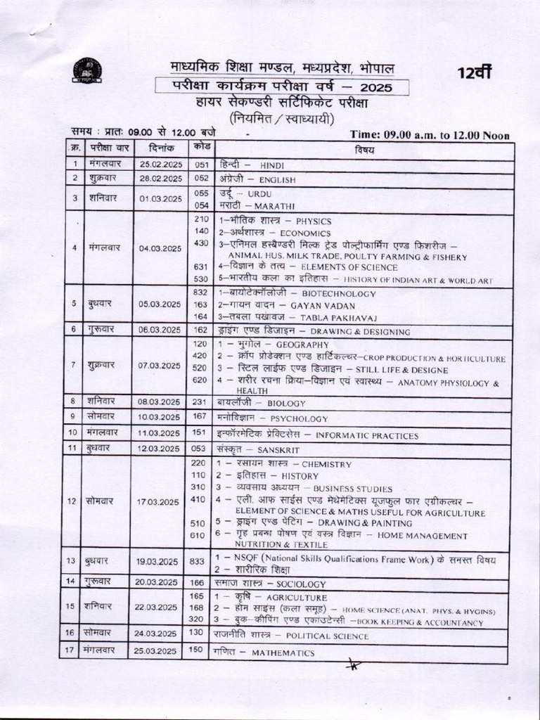 MPBSE Time Table 2025 26 PDF Download | PDF
