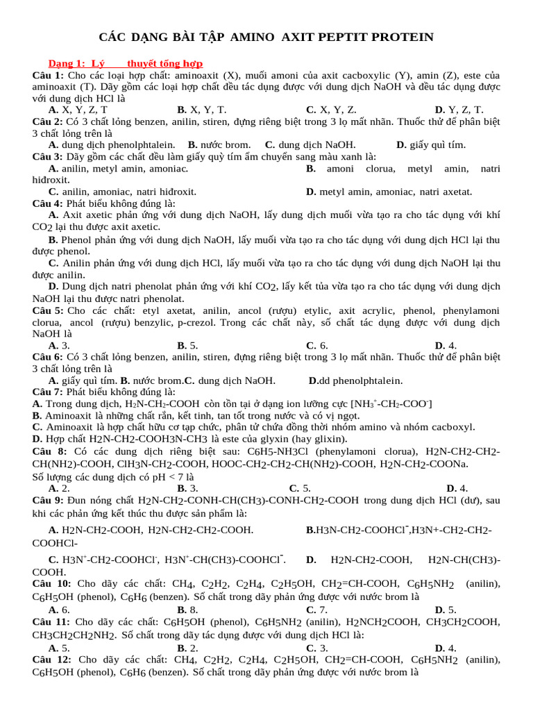 CÁC DẠNG BÀI TẬP AMINO AXIT PEPTIT PROTEIN mới | PDF