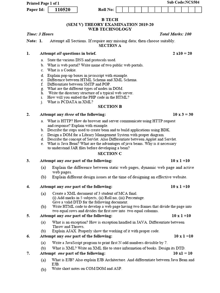 Btech Cs 5 Sem Web Technology ncs504 2020 | PDF | World Wide Web | Internet & Web