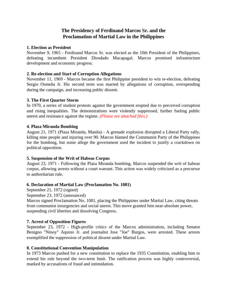 The Presidency of Ferdinand Marcos Sr. and The Proclamation of Martial ...