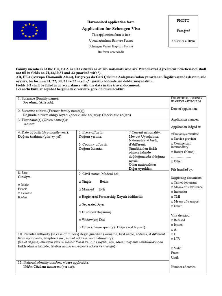 Harmonised Schengen Visa Application Form ENG 2023 | PDF