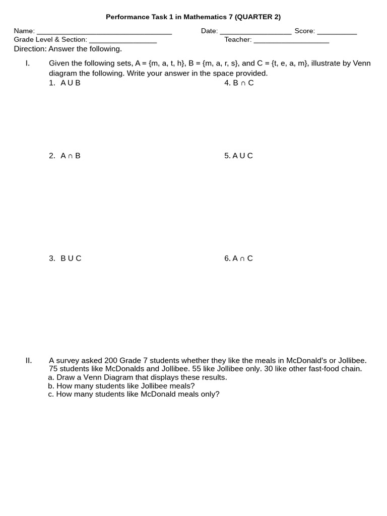 Performance Task 1 in Mathematics 7 | PDF