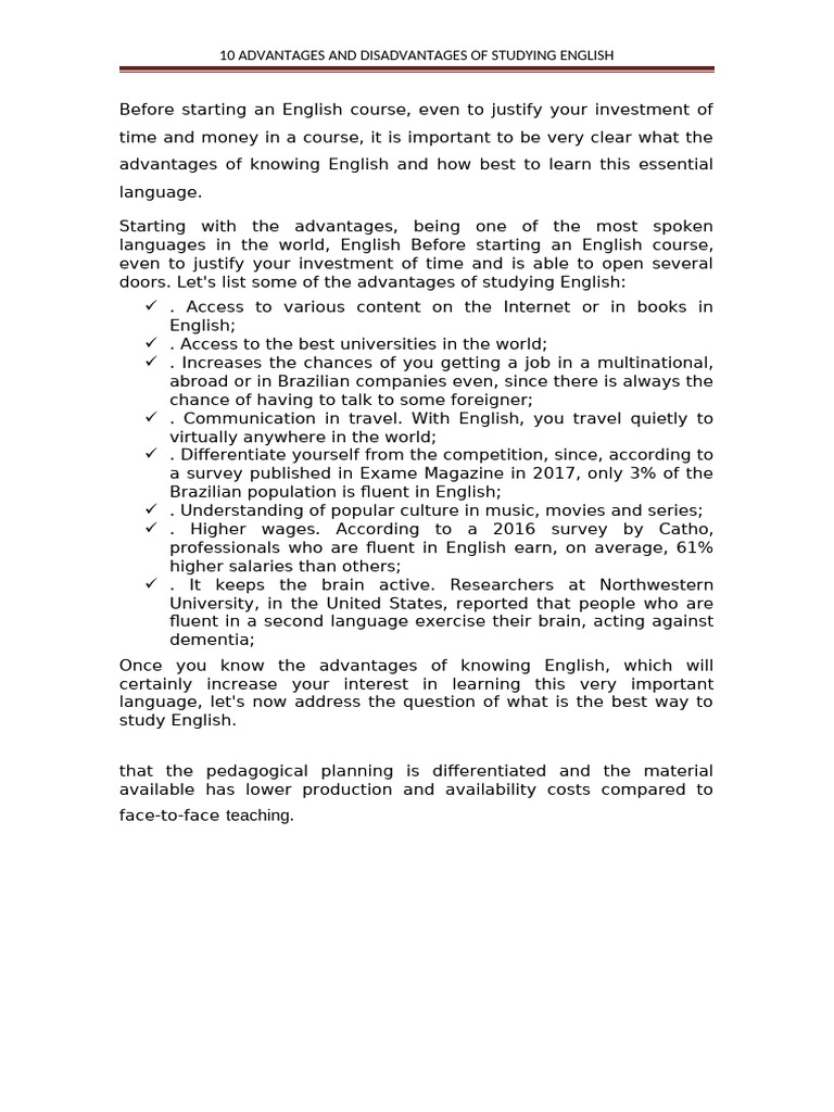 Pros and Cons of Learning English | PDF | English Language ...
