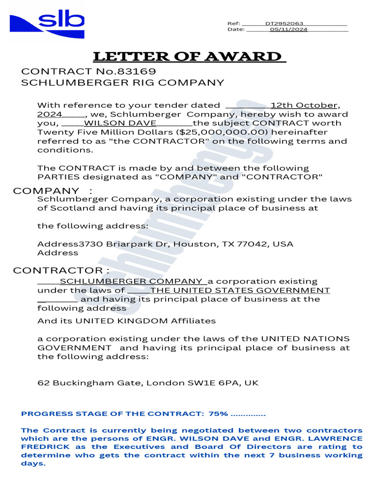 Schlumberger Contract Award Letter | PDF