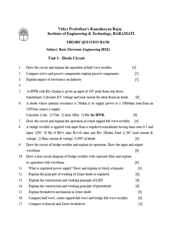 BXE - Theory Question Bank Unit I & II | PDF | Rectifier | Operational Amplifier