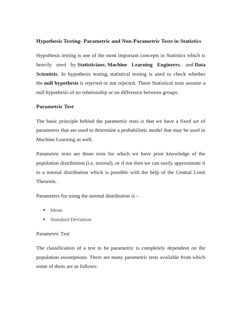 Parametric & Non Parametric Tests | PDF | Student's T Test ...