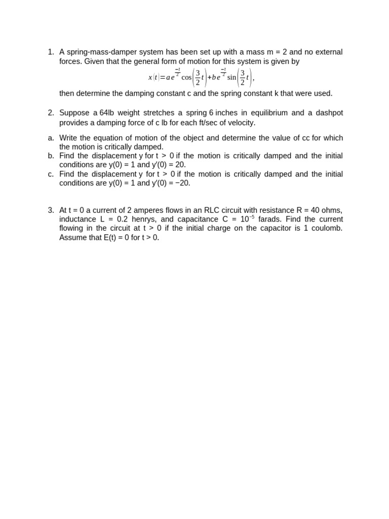 Problem Set Second Order DE Application | PDF