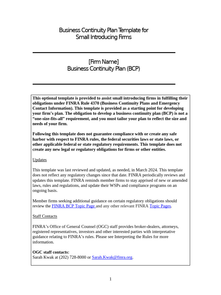 BCP Template Update 051210 | PDF | Financial Industry Regulatory ...