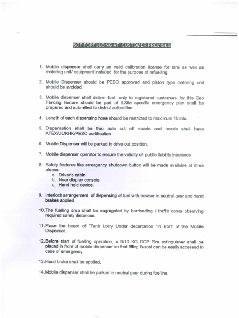 SOP For Delivery From Mobile Dispenser at Customer Premises | PDF
