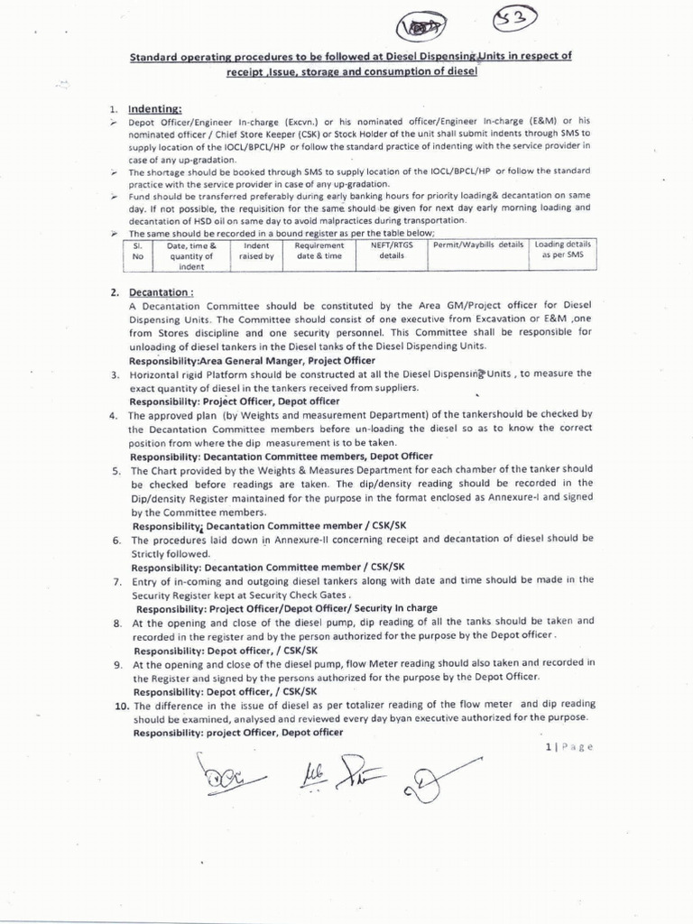 SOP Indenting-Receipt-Storage & Handling-Issue of HSD Oil | PDF