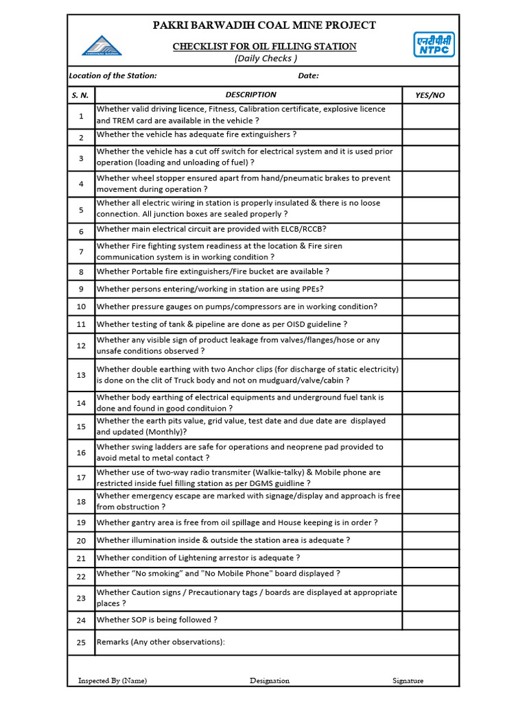 Checklist for Oil filling station (Diesel Bunk)-PB | PDF | Filling ...