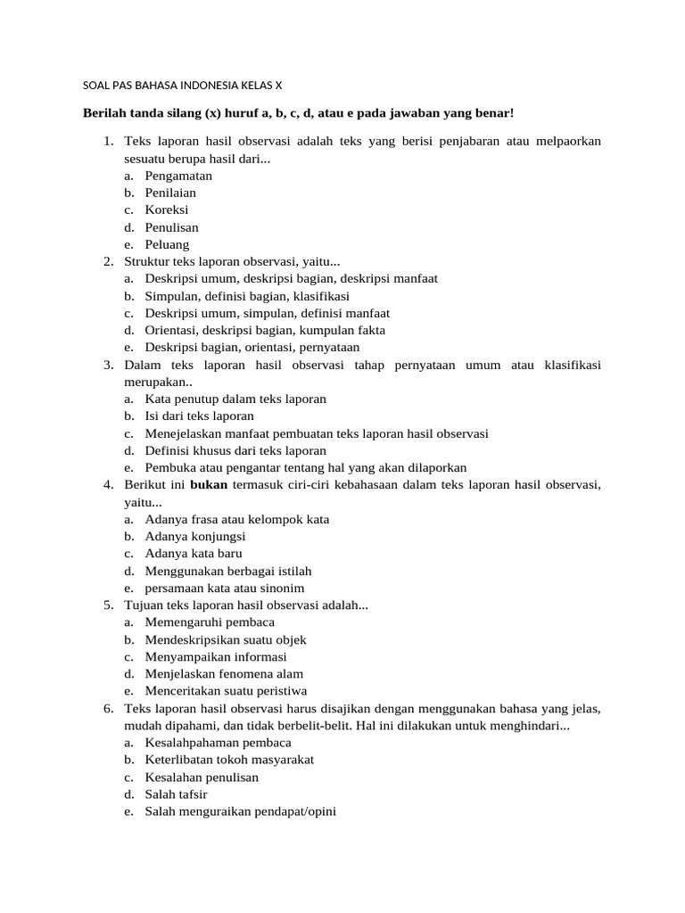 Soal Pas Bahasa Indonesia Kelas X SMK DKH | PDF