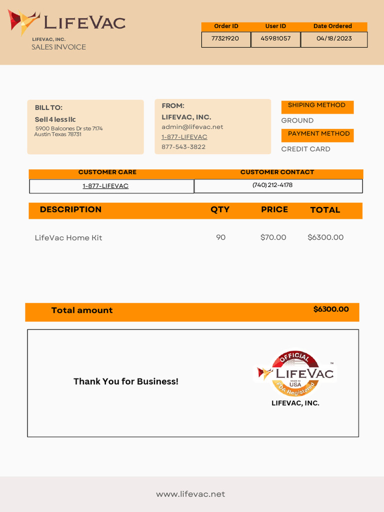 Lifevac Invoice 1 | PDF
