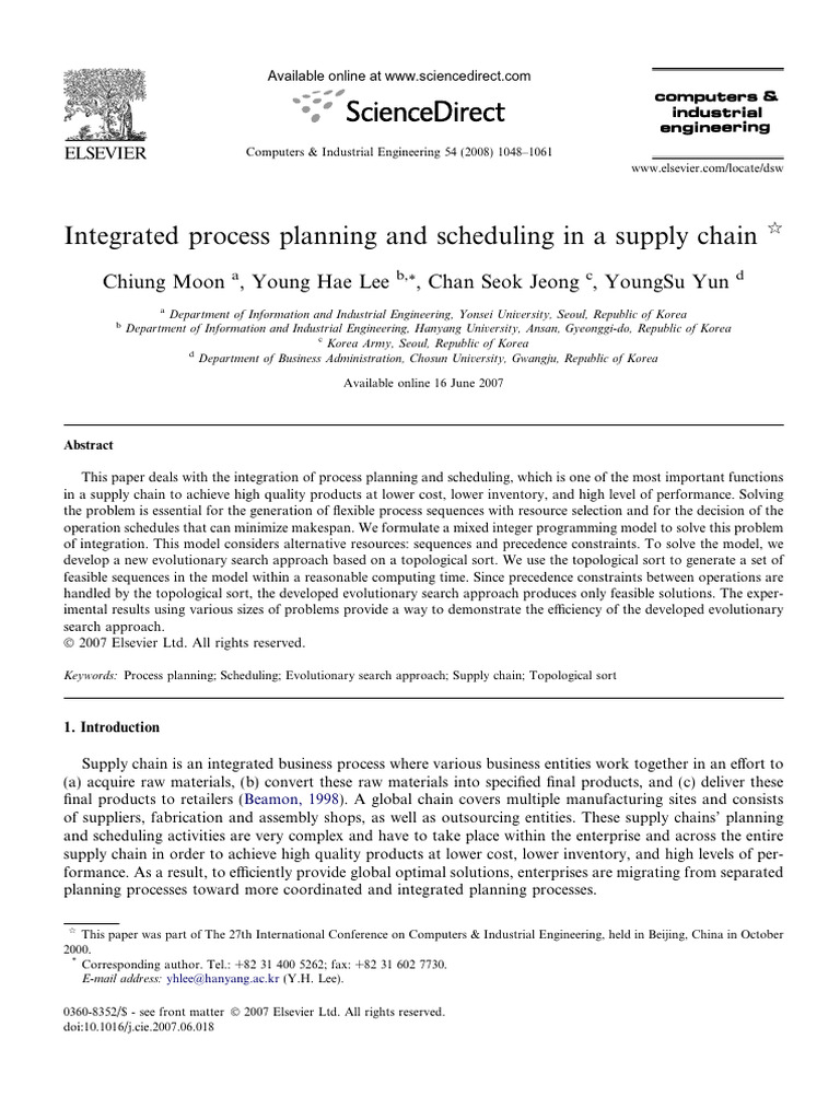 Moon vd. - 2008 - Integrated process planning and scheduling in a su | PDF | Genetic Algorithm ...