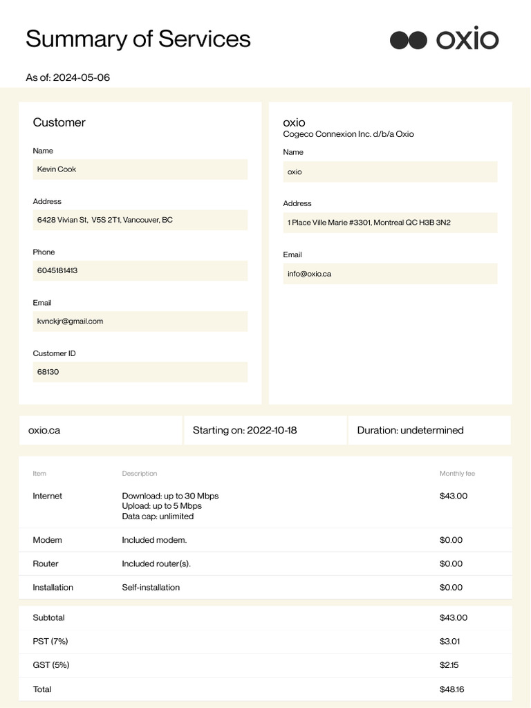 Oxio Internet Service Summary for Kevin Cook | PDF