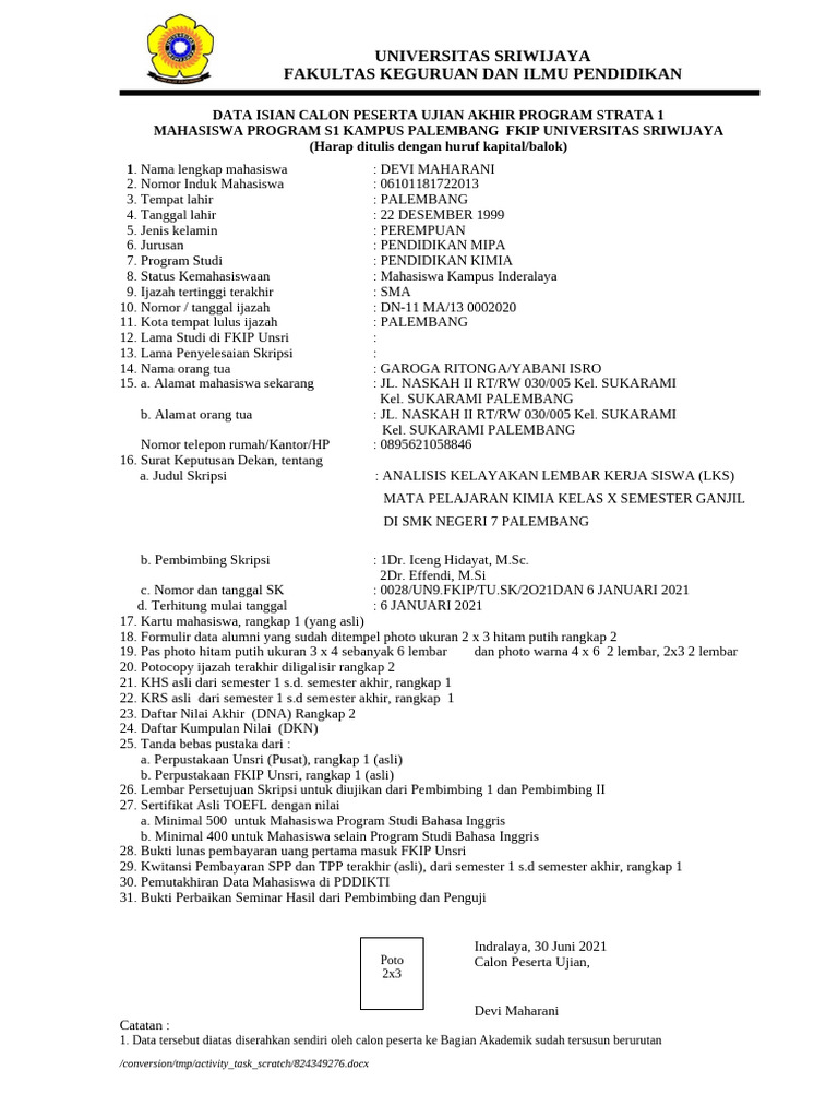 Blangko Syarat Ujian Skripsi | PDF