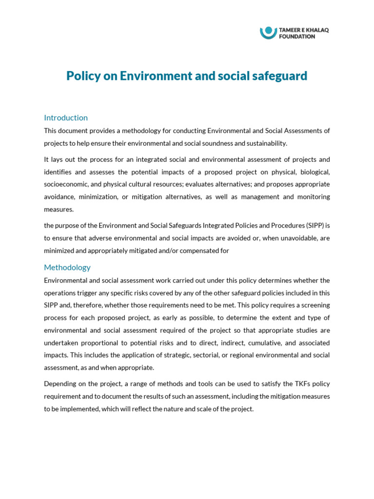 TKF Enviornmental and Social Safeguard Policy | PDF | Risk | Policy
