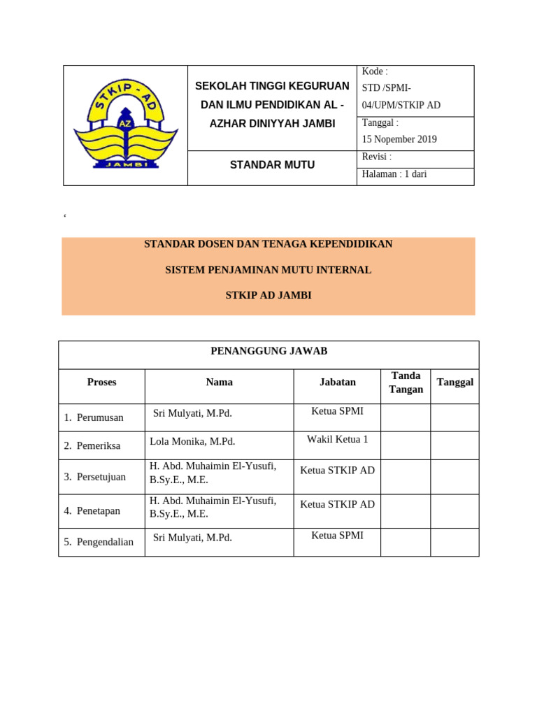 STANDAR DOSEN DAN TENAGA KEPENDIDIKAN SISTEM PENJAMINAN MUTU INTERNAL | PDF