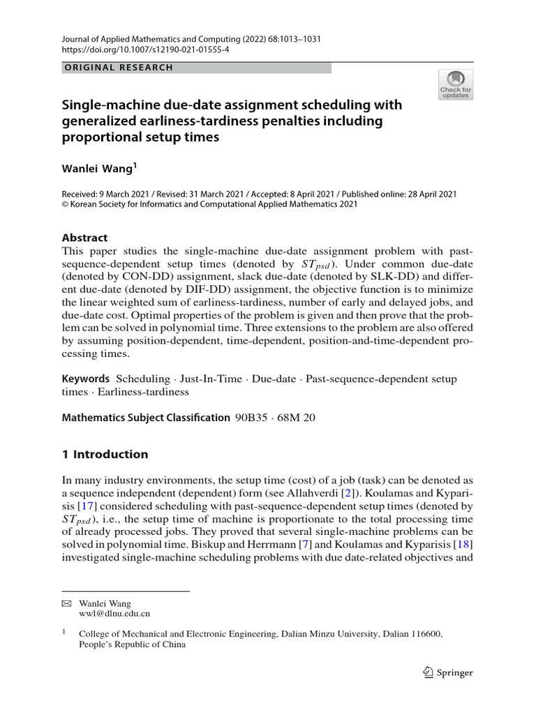 Wang 2022 Single Machine Due Date Assignment Scheduling With Pdf Time Complexity