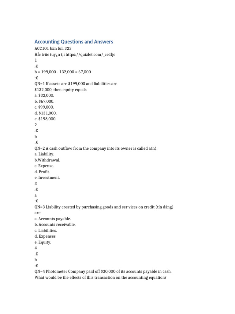 Accounting Questions and Answers | PDF | Debits And Credits | Equity ...