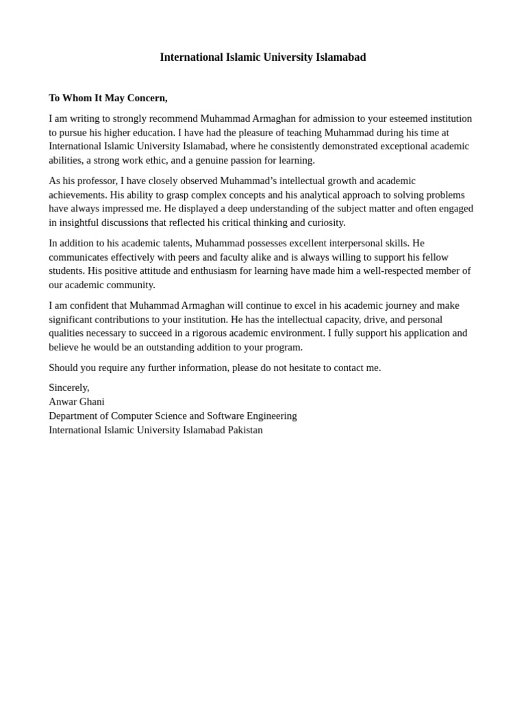 Armaghan Recomendation Letter 01 | PDF